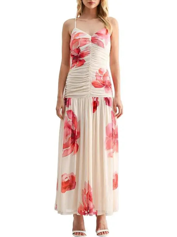 ALL IN FAVOR Floral Ruched Drop Waist Chiffon Midi Dress - Cream Red Floral