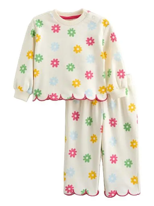 TUCKER + TATE Scallop Hem Top & Pants Set - Ivory Egret Rainbow Daisy
