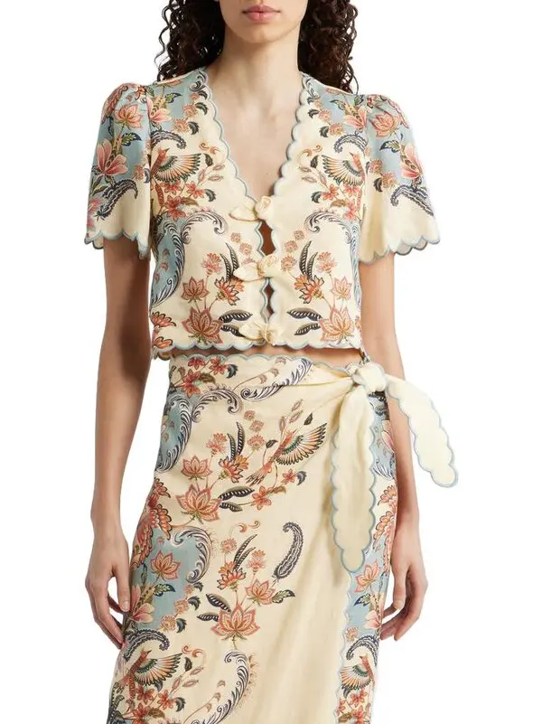Farm Rio Floral Linen Top With Scalloped Edge - Boho Beauty Butter
