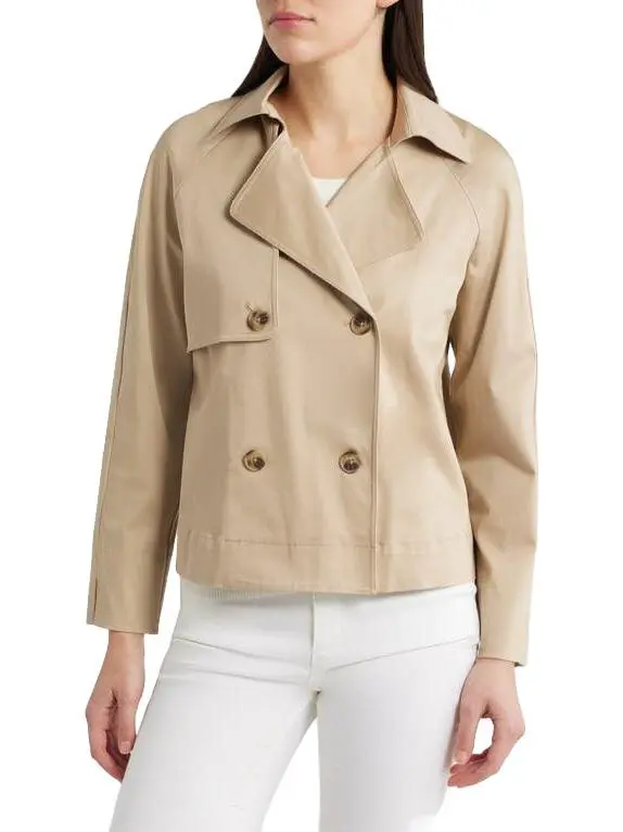 Anne Klein Short Double Breasted Cotton Blend Trench Coat - Ak Khaki