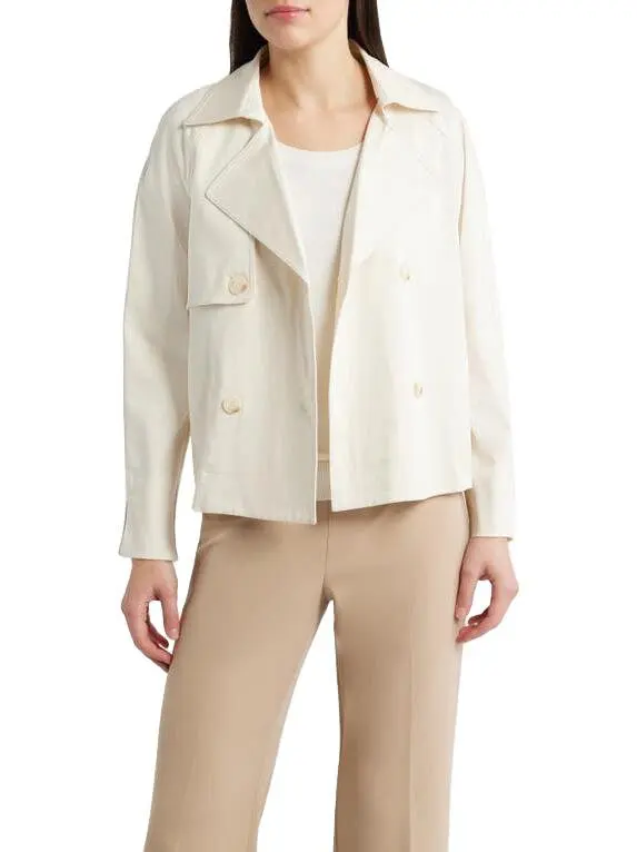 Anne Klein Short Double Breasted Cotton Blend Trench Coat - White Dove