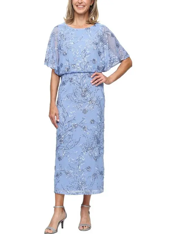 SL FASHIONS Sequin Blouson Bodice Gown - Blue