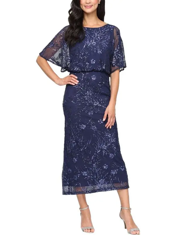SL FASHIONS Sequin Blouson Bodice Gown - Navy