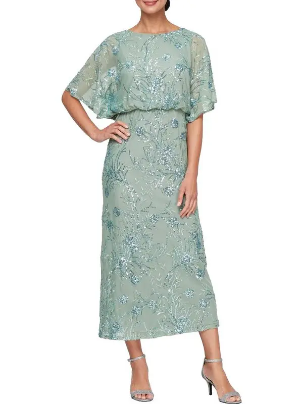 SL FASHIONS Sequin Blouson Bodice Gown - Sage