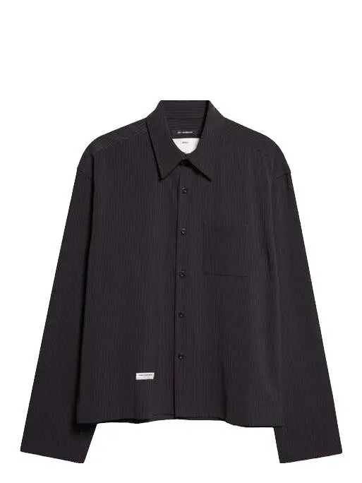 SONG FOR THE MUTE Casual Pinstripe Gabardine Crop Button-up Shirt - Navy