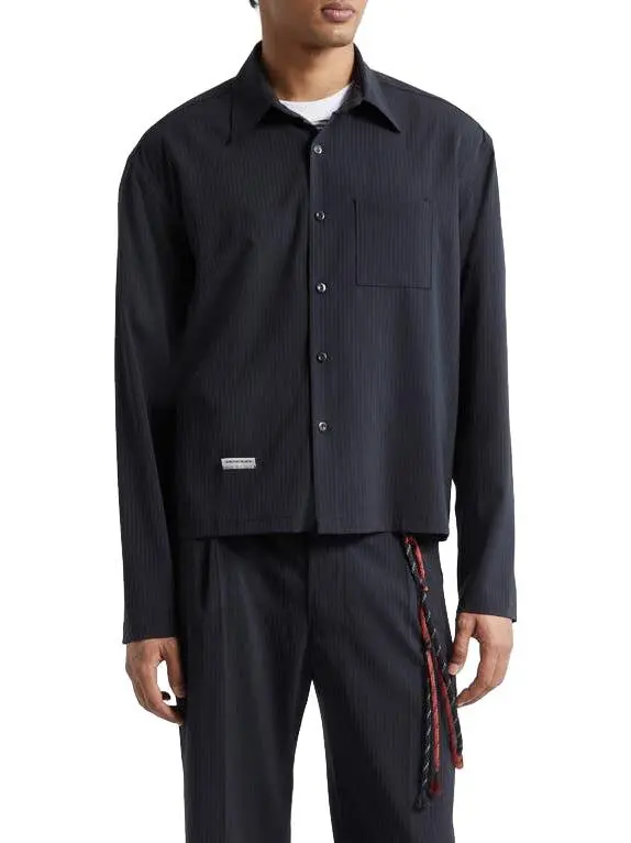 SONG FOR THE MUTE Casual Pinstripe Gabardine Crop Button-up Shirt - Navy