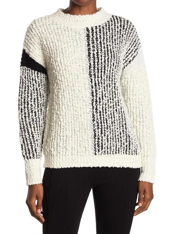 Bobeau Colorblock Boucle Knit Pullover Sweater - Ivory/black