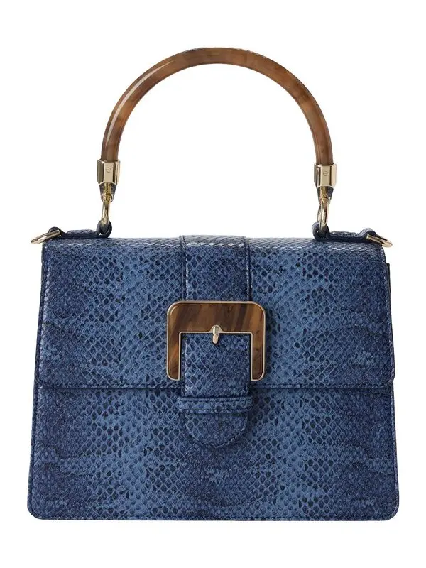 Brahmin Small Hallie Snakeskin Embossed Leather Top Handle Bag - Navy