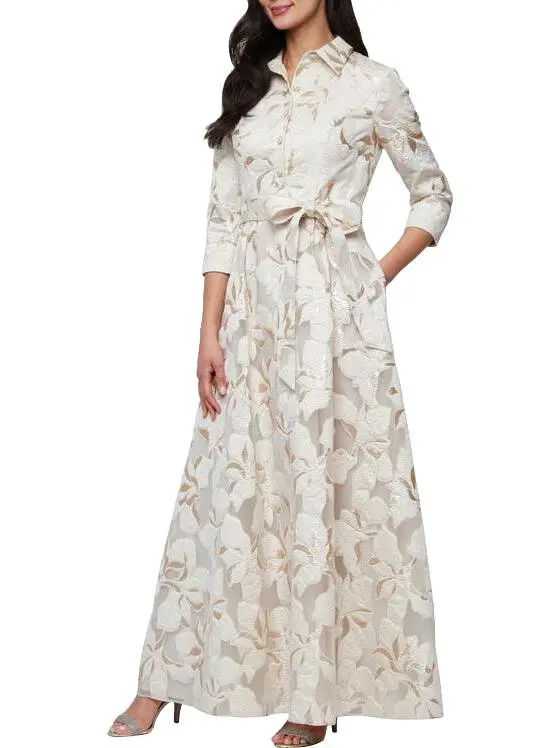 Alex Evenings Metallic Jacquard Ballgown - Ivory Gold