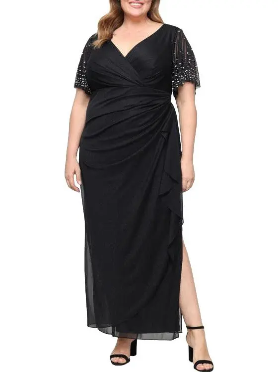 Alex Evenings Metallic Embellished Flutter Sleeve Cocktail Dress - Black