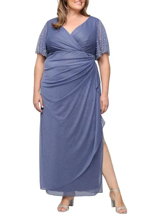 Alex Evenings Metallic Embellished Flutter Sleeve Cocktail Dress - Dusty Blue