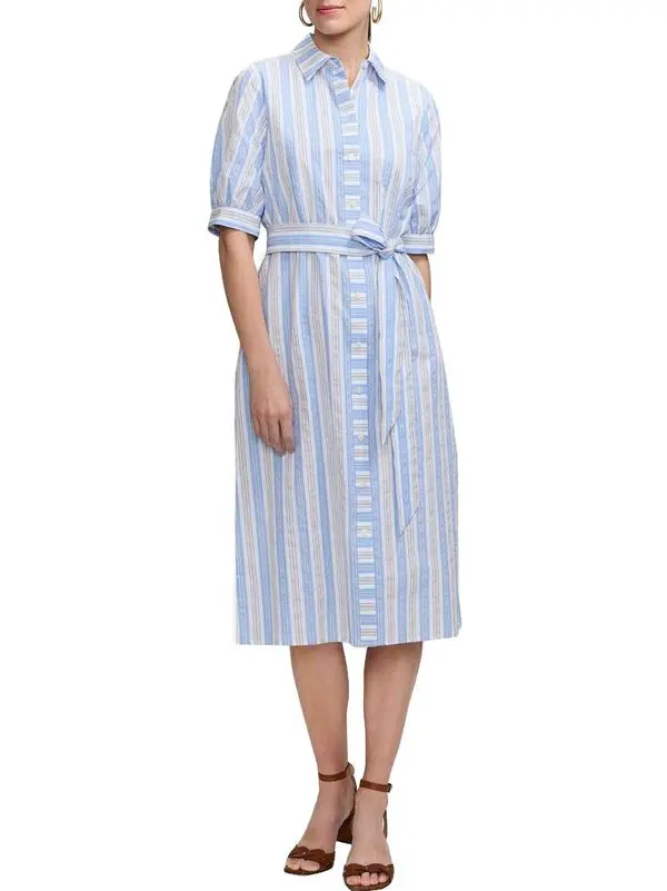 Foxcroft Esther Tie Waist Midi Shirtdress - Blue/multi