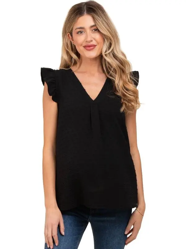 PINKBLUSH Swiss Dot Flutter Sleeve V-neck Top - Black