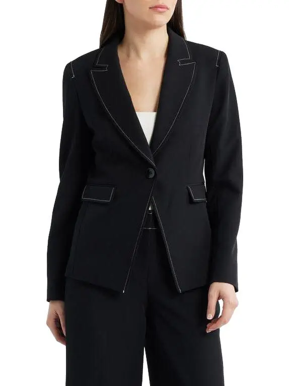 TAHARI ASL Topstitch Detail One-button Jacket - Black White