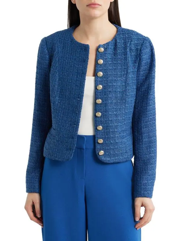 TAHARI ASL Metallic Tweed Collarless Jacket - Riverside Blue