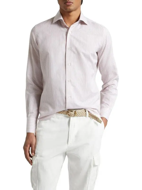 Eleventy Dandy Collar Stripe Cotton & Linen Button-up Shirt - Dusty Pink