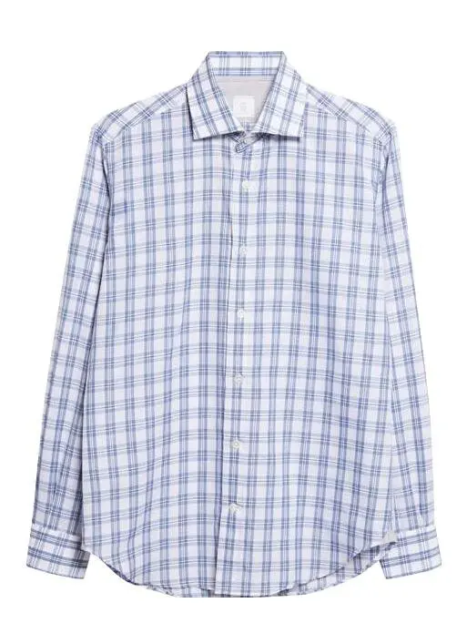 Eleventy Dandy Collar Check Cotton & Linen Button-up Shirt - 08 Denim