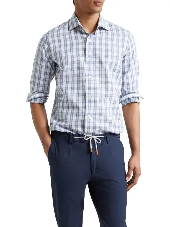 Eleventy Dandy Collar Check Cotton & Linen Button-up Shirt - 08 Denim