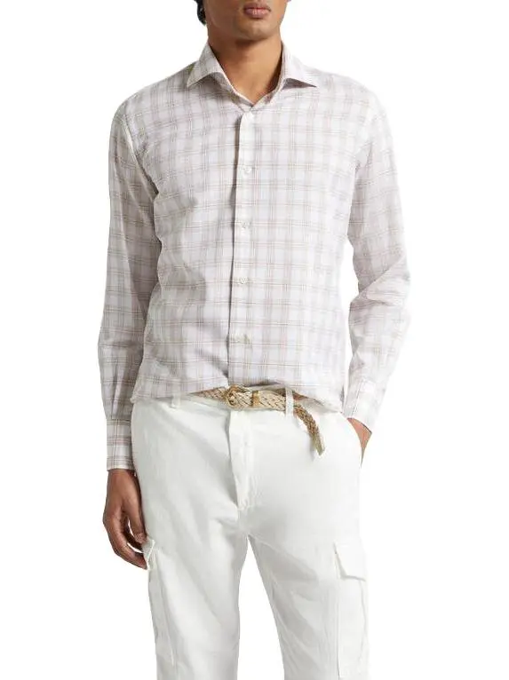 Eleventy Dandy Collar Check Cotton & Linen Button-up Shirt - Sand