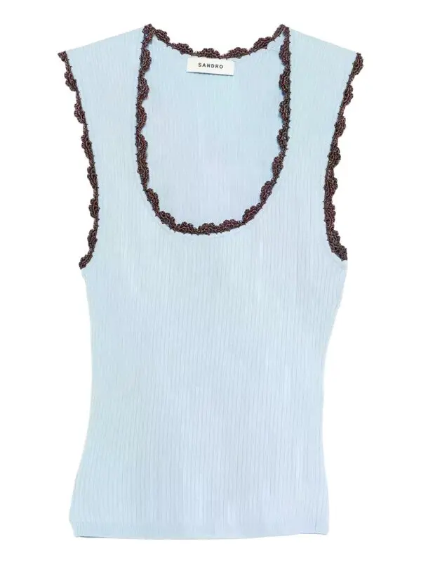Sandro Sleeveless Ribbed Knit Top With Crochet Trim - Blue