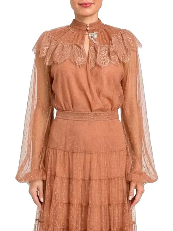 TWINSET Point D'esprit Tulle Blouse With Lace And Embroidery - Brick Red