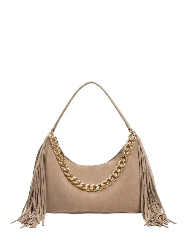 TWINSET Liliane Suede Fringed Shoulder Bag - Sand