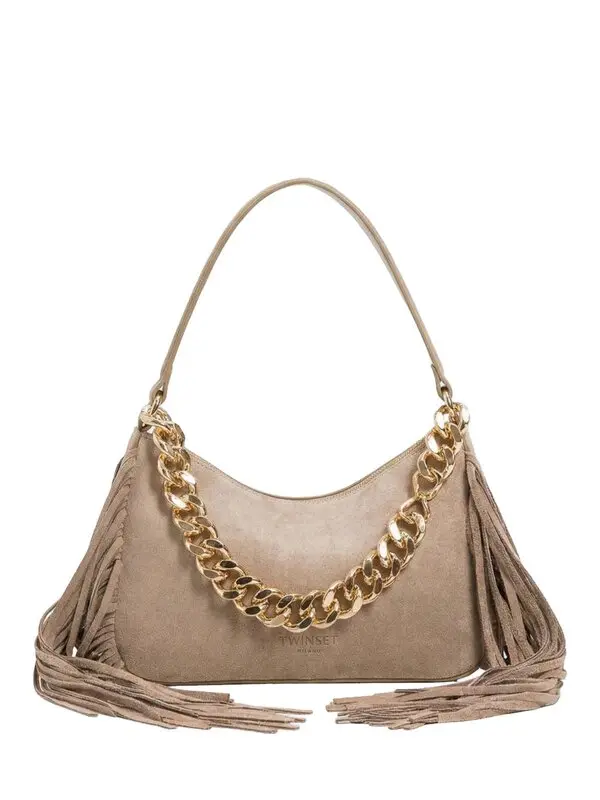 TWINSET Liliane Suede Fringed Bag With Metal Mesh Appliques - Sand