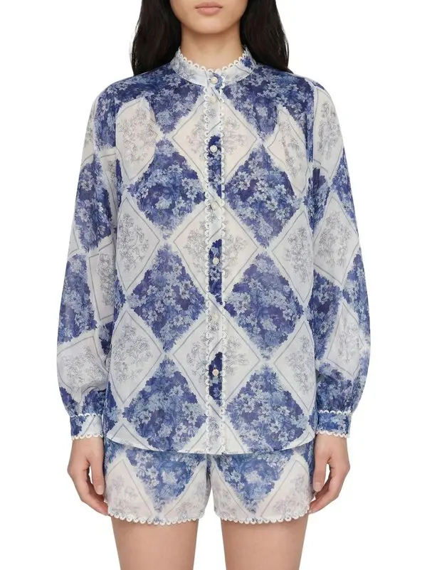 TWINSET Printed Ramie Mandarin Collar Long Sleeve Shirt - Blue
