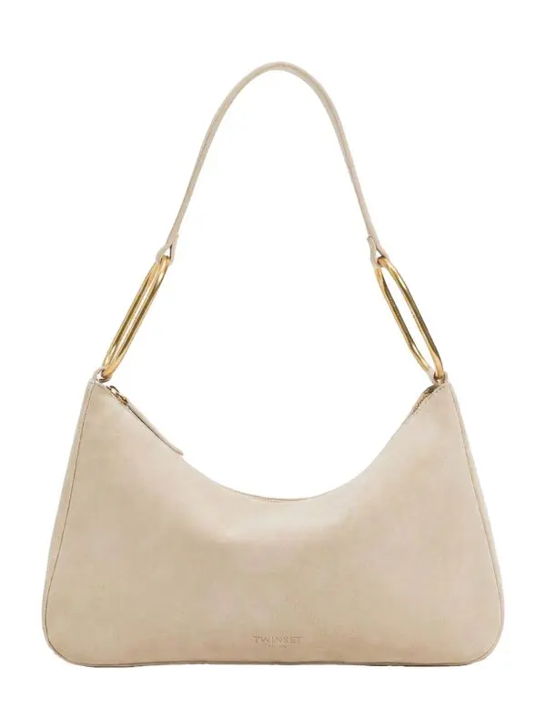 TWINSET Suede Shoulder Bag With Gold Tone Hardware - Sand