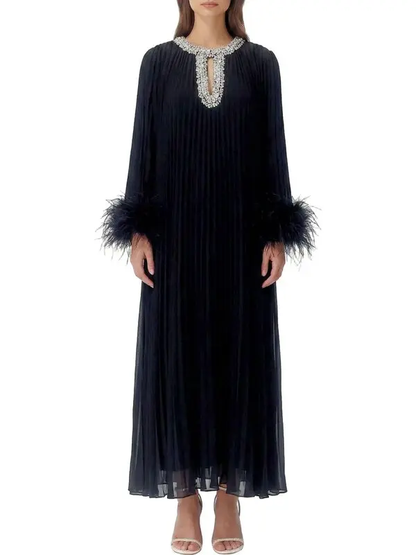 SELF-PORTRAIT Embellished Feather Cuff Pleated Chiffon Maxi Dress - Blue