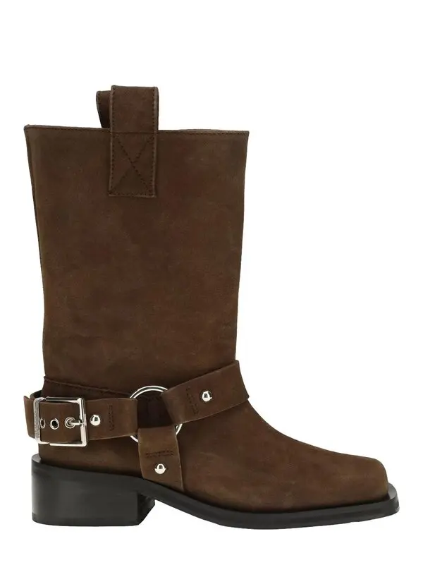 GANNI Suede Biker Boots - Coffee