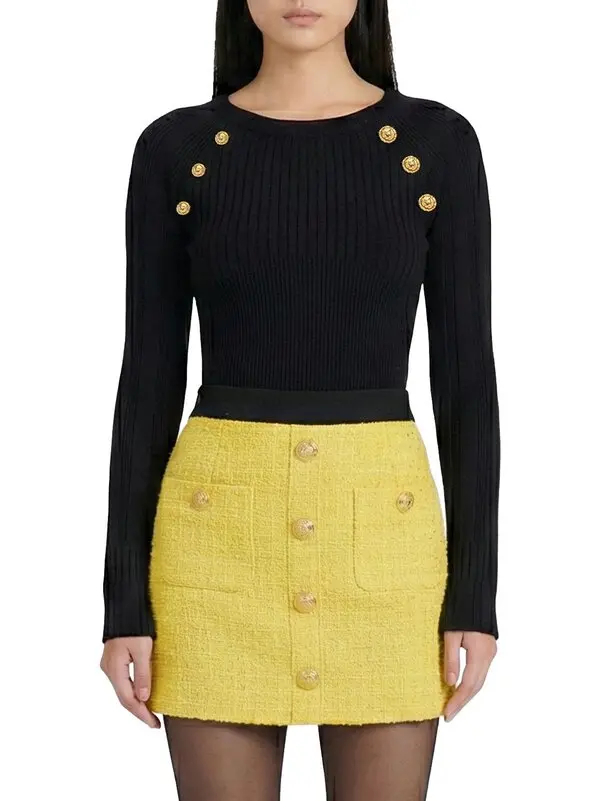 Balmain Ribbed Sweater With Button Detail - Black