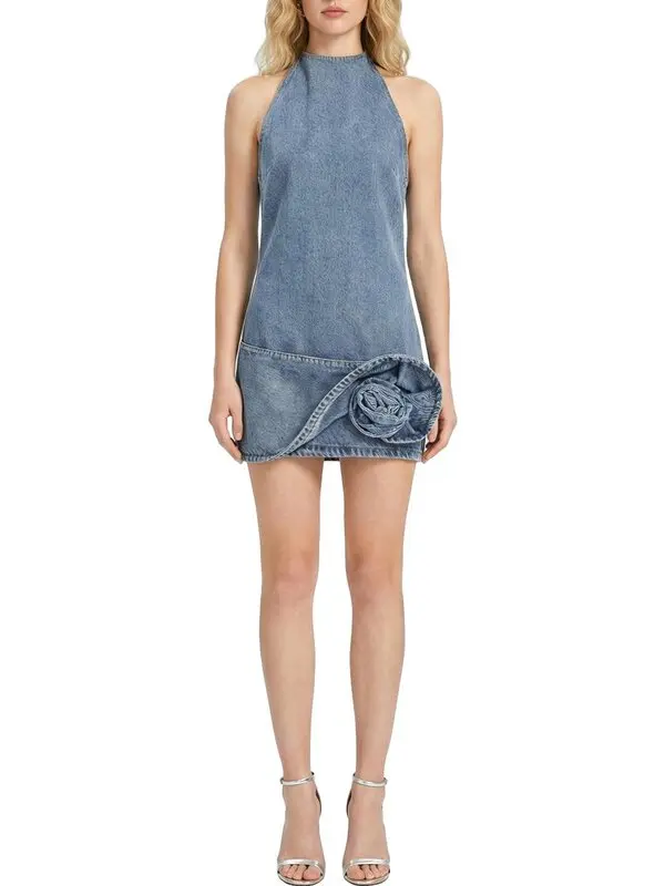 Magda Butrym Denim Mini Dress With Flower Appliqu - Blue