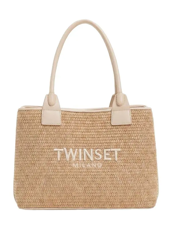 TWINSET Raffia Shoulder Bag With Embroidered Logo - Sand