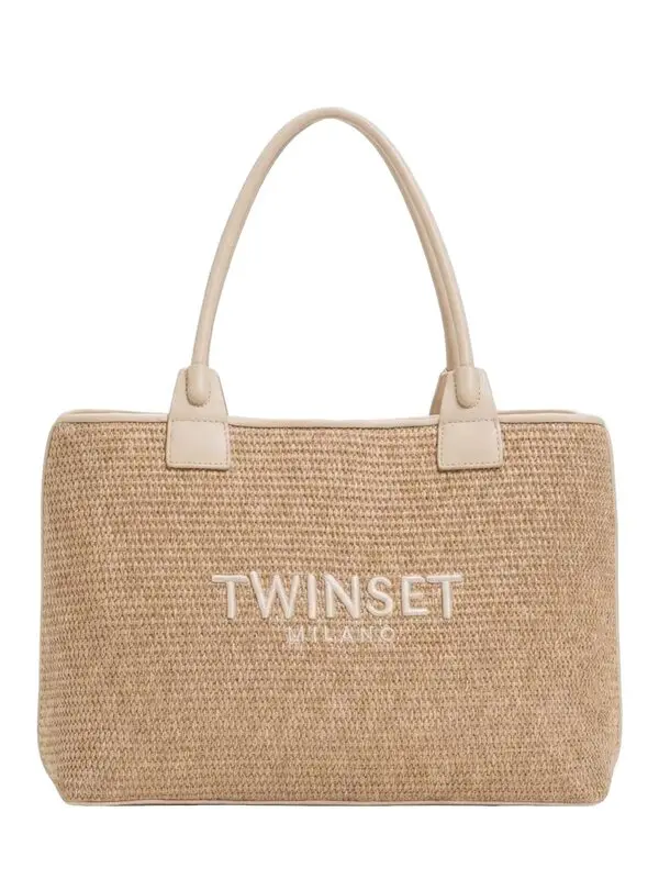 TWINSET Raffia Shopper Bag With Embroidered Logo - Sand