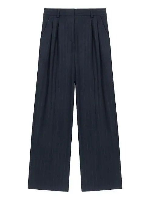 Maje Pinstriped Wide-leg Wool-blend Trousers - Navy