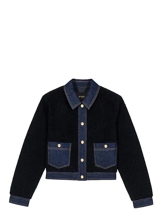 Maje Bouclé Woven Jacket With Denim Trim - Navy