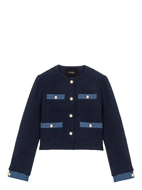 Maje Denim-trim Tweed Jacket - Navy