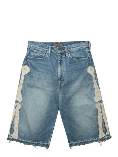 Kapital 14 Oz Denim 5p Bone Embroidery Shorts - Light Indigo