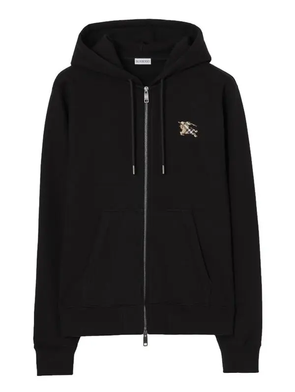 Burberry Check Knight Stamp Cotton Zip Hoodie - Black