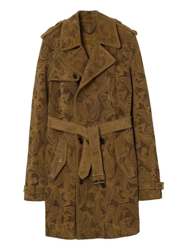 Burberry Mid-length Paisley Suede Lawshall Trench Coat - Tan Brown