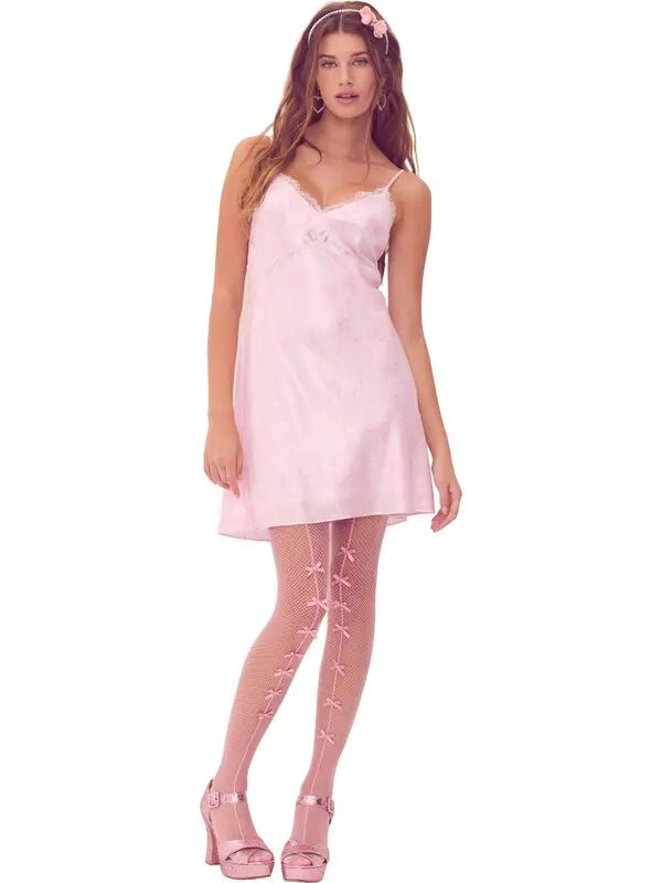 LoveShackFancy Lace Trim Satin Mini Dress - Pink Tulip Shine Ribbon