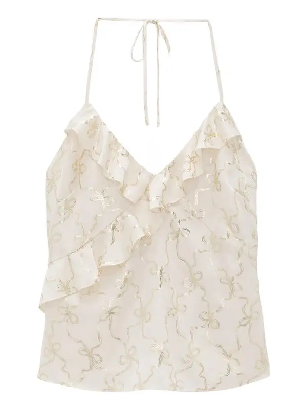 LoveShackFancy Satin Ruffle Halter Top - Coconut White Shine Ribbon