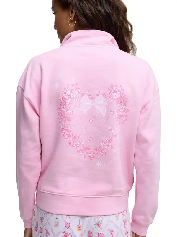 LoveShackFancy X Roller Rabbit Sugarplum Lattice Half Zip Sweatshirt - Pink