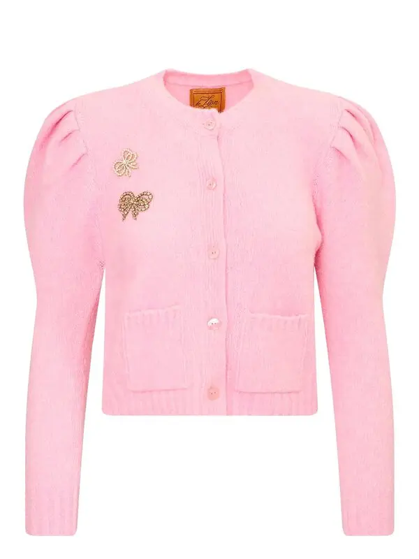 LoveShackFancy Le Lion Puff Sleeve Laurita Bow Cardigan - Pink