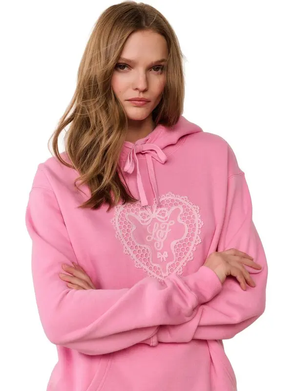 LoveShackFancy Nacova Heart Doily Fleece Hoodie - Strawberry Bubblegum