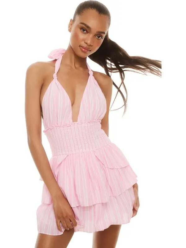 LoveShackFancy Deanna Cotton Striped Halter Dress - Captiva Pink