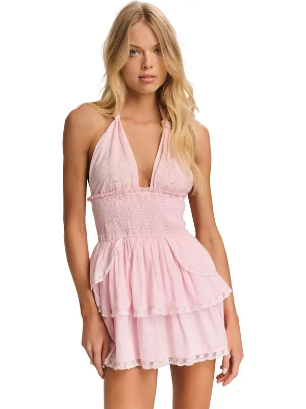 LoveShackFancy Deanna Heritage Halter Mini Dress - Pink