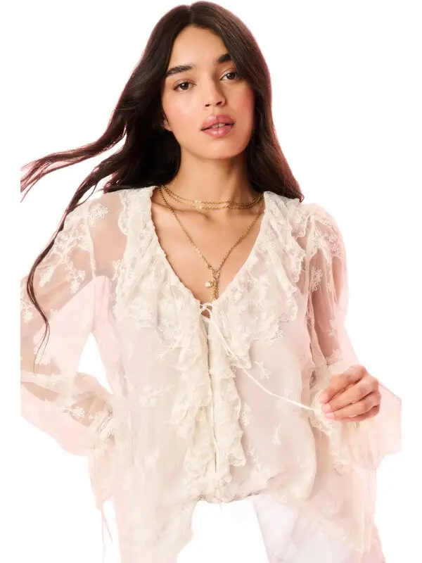LoveShackFancy Aubrenna Lace Mesh Blouse - White