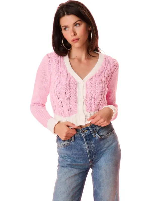 LoveShackFancy Hyacinth Cropped Cable Knit Cardigan - Strawberry Glaze